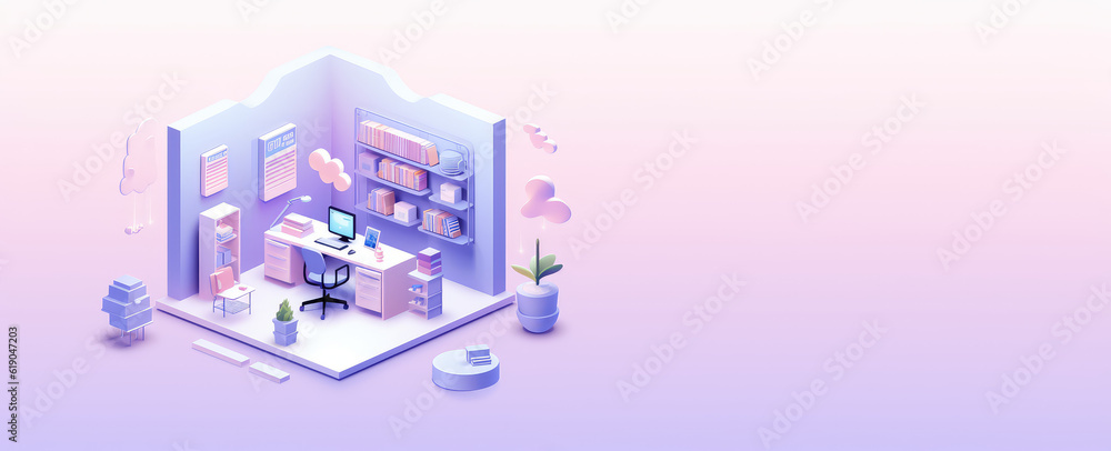Isometric 3D office room with a workstation and computer. Gradient UI ...