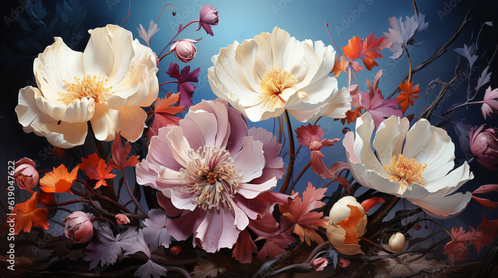 3D flowers, in the style of realistic hyper-detailed rendering, layered ...