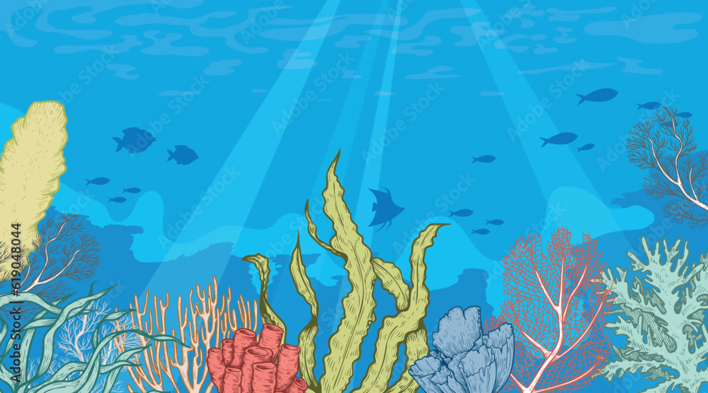 Marine Sea Life background. Ocean and underwater world with different ...