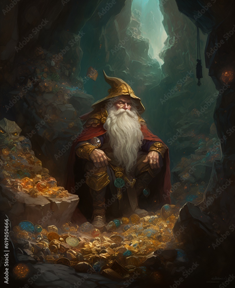Fafnir as a dwarf, surrounded by heaps of gold and precious gemstones ...
