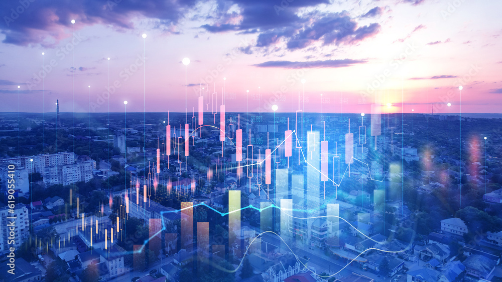 Big data chart on city backdrop. Analysis finance graph and market ...