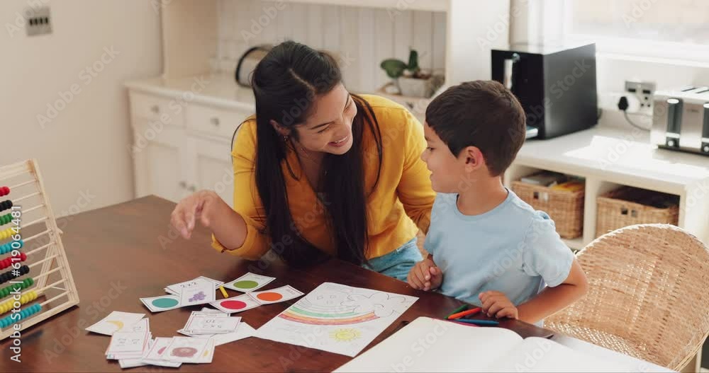 High five, teaching and mother doing homework with her child in the ...