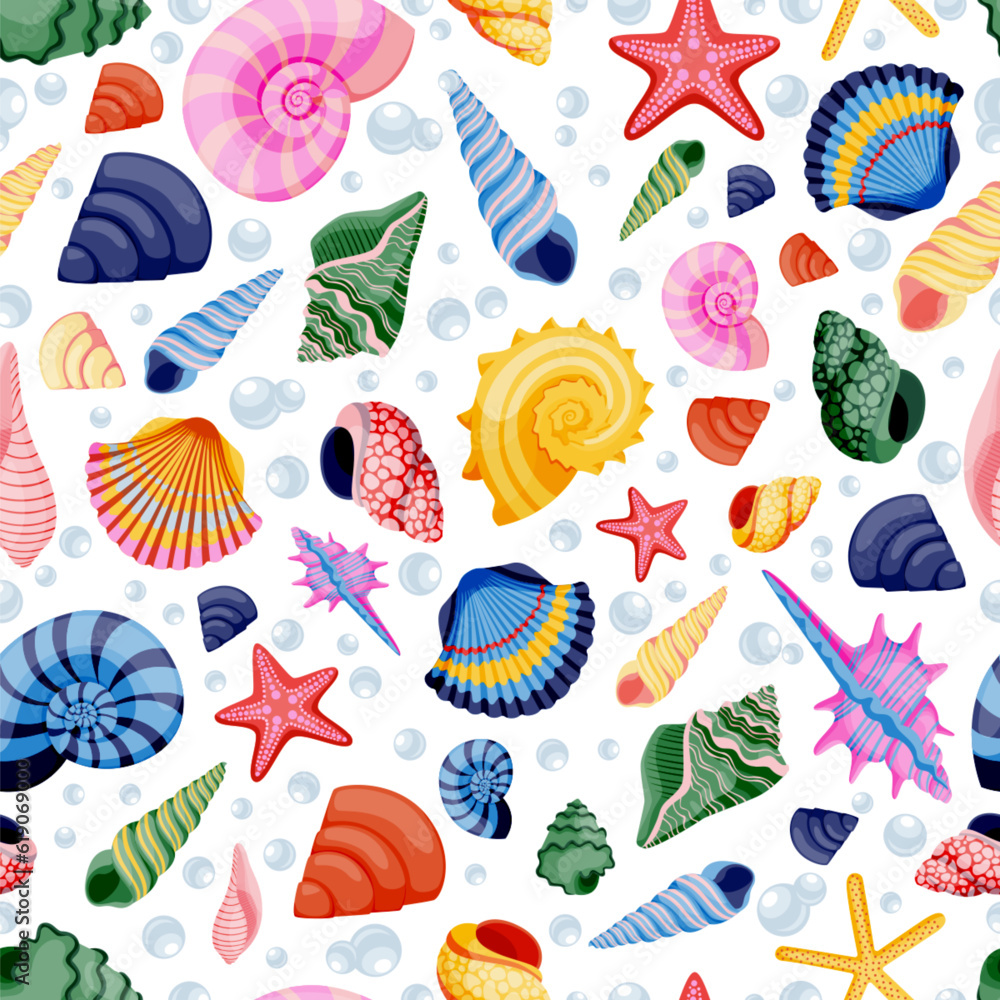 Seashells on blue background. Colorful summer travel seamless pattern ...