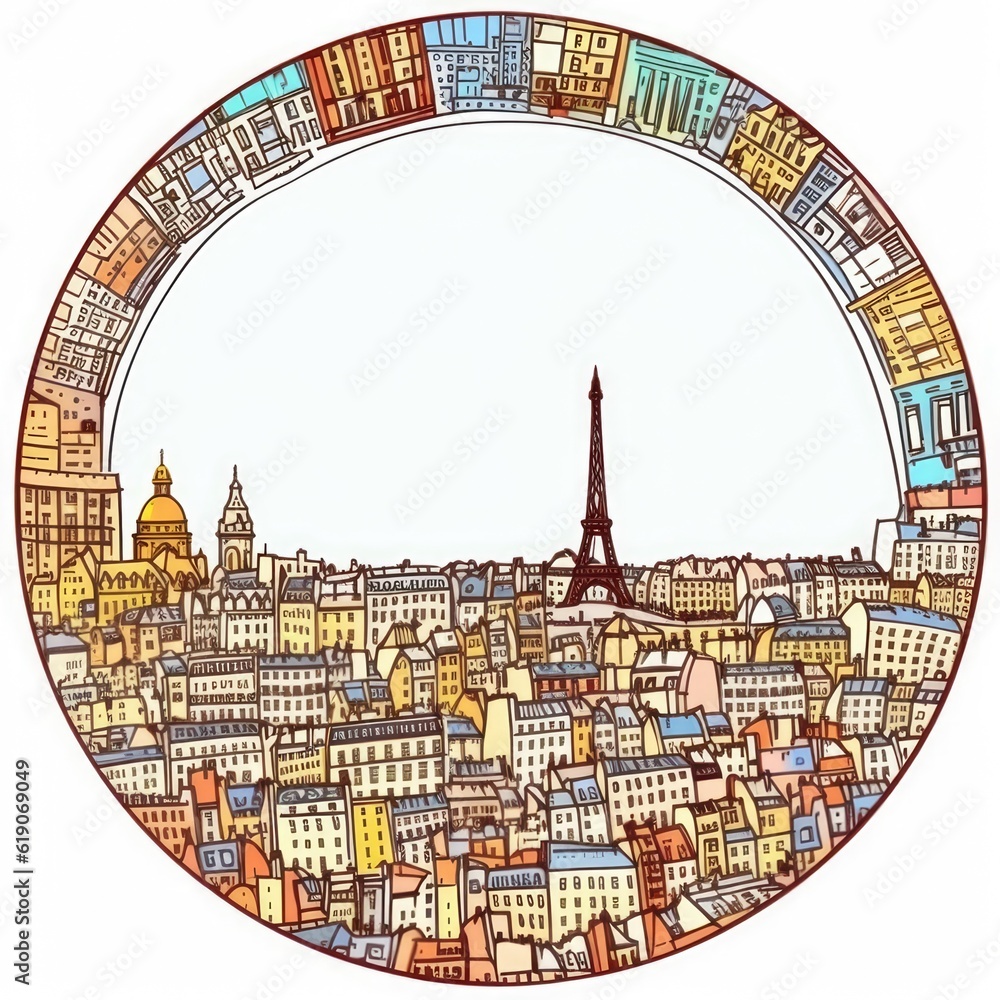 A circle shape frame with center space of Paris city skyline in simple ...