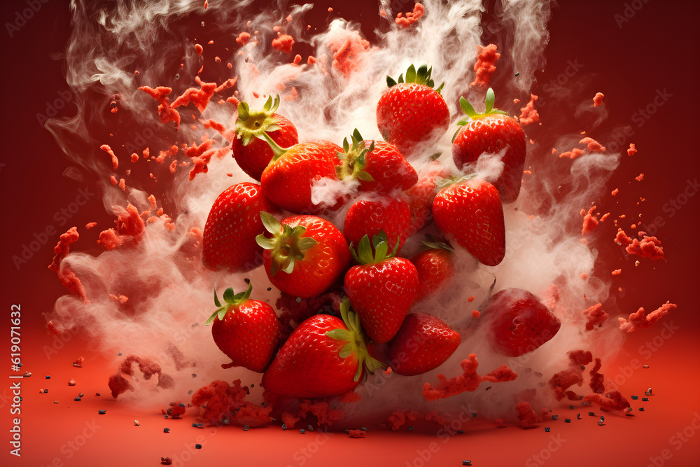 Many fresh raw red strawberries exploding and flying all around the red ...