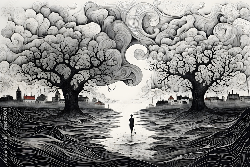 An abstract depiction of mental landscapes: swirling colors and fragmented shapes blend together ...