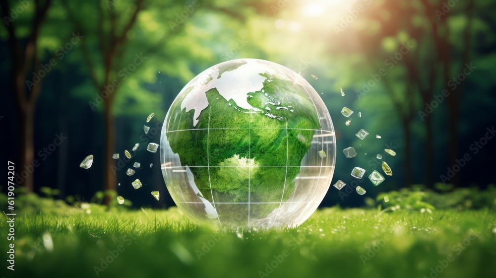 Glass globe in green forest with the icon environment of ESG, co2 ...
