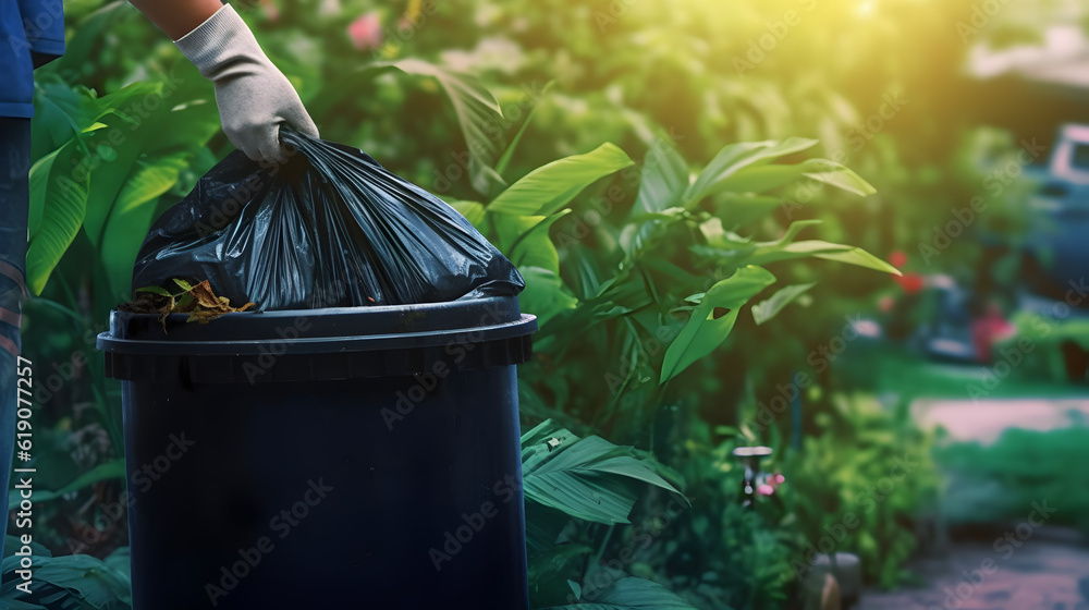 hand holding a garbage bag over a trash can, throwing garbage into a ...