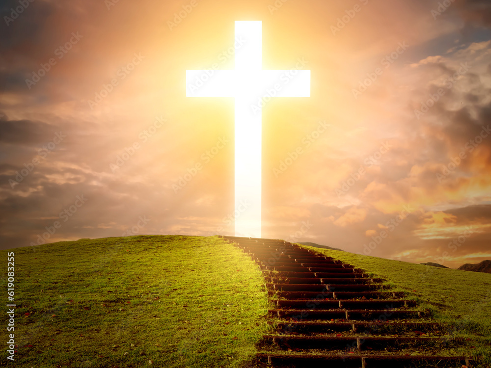 Glowing christian cross. Stairs lead to crucifix. Catholic cross in ...