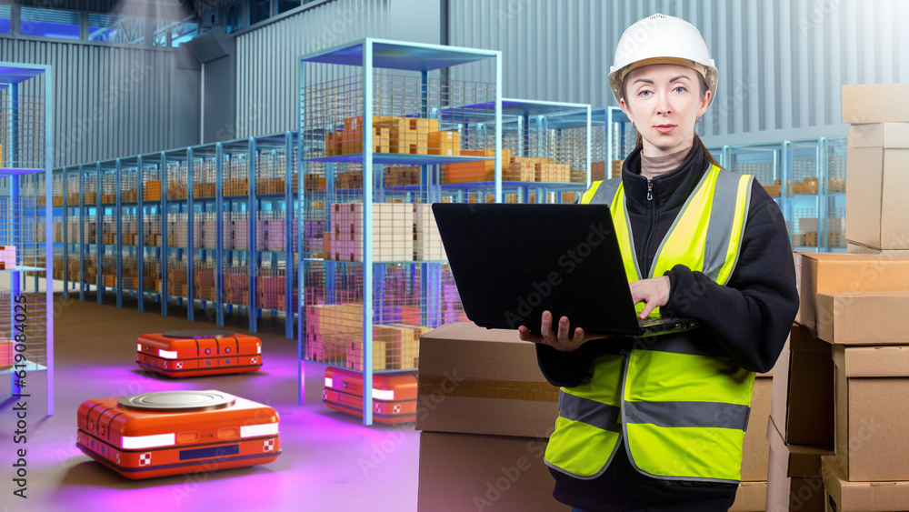 Warehouse automation. Woman with laptop in storage. Autonomous ... Warehouse automation. Woman with laptop in storage. Autonomous ...