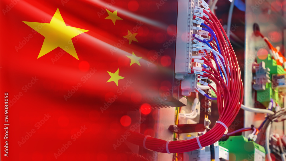 Chinese network equipment. Wires with flag China. Internet tech ...