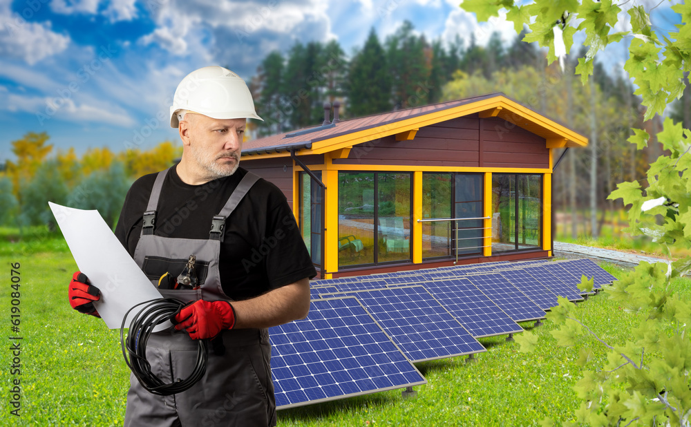 Man electrician. Worker near solar panels. Mini power plant for home ...