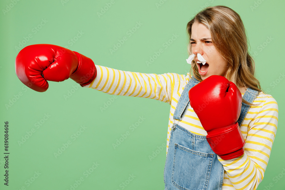 Side view sick unhealthy ill woman has red watery eye runny stuffy sore ...