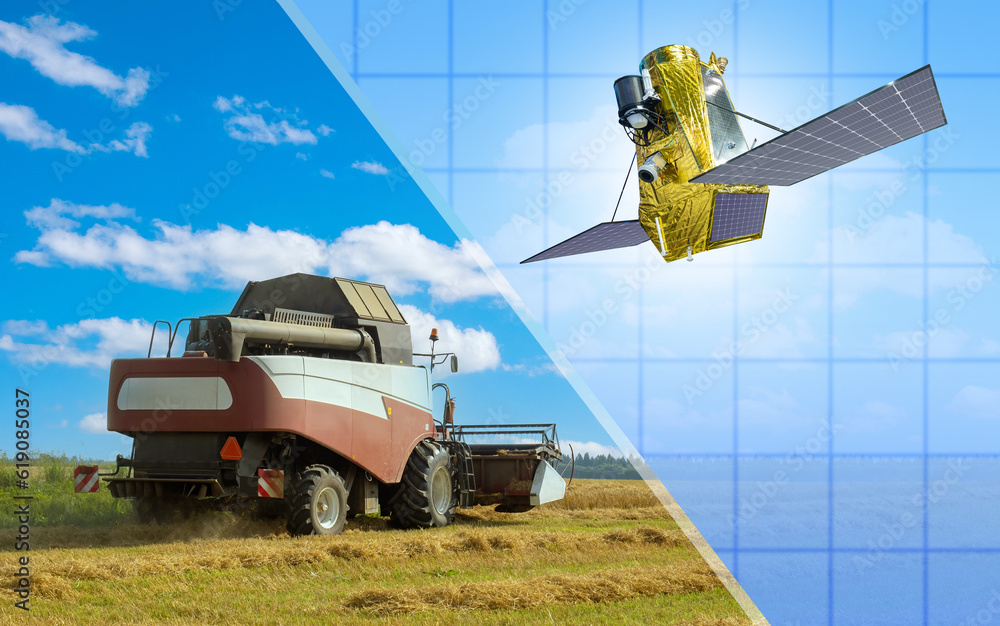 Smart farming. Combine harvester. Satellite over field with grain ...