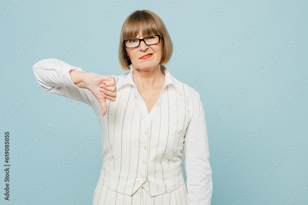 Blonde sad employee business woman 50s wearing white classic suit ...