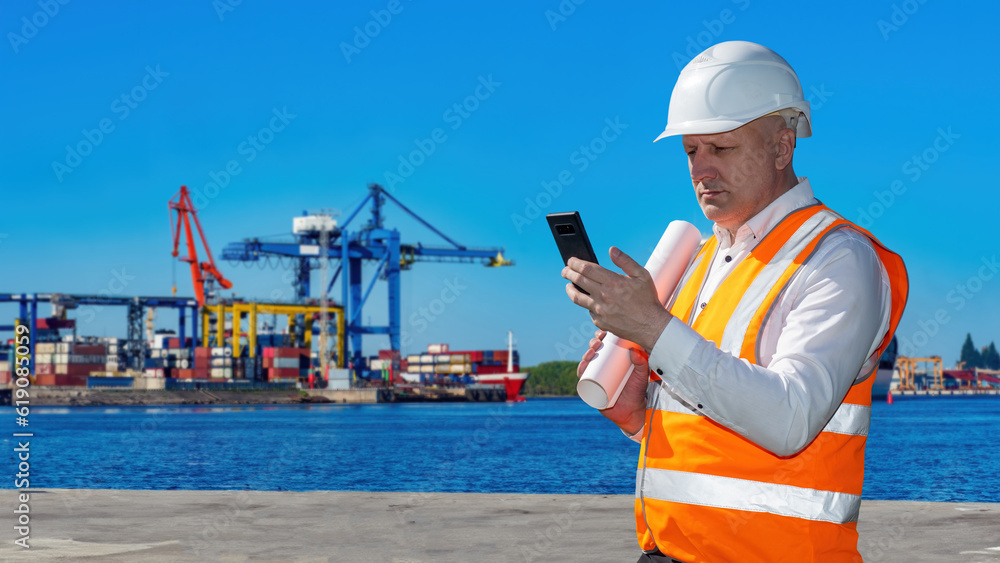 Man works in port. Customs inspector on seashore. Guy in helmet is ...