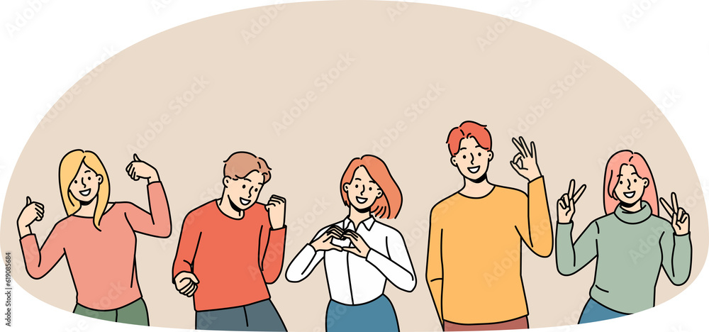 Photo Smiling people showing hand gesture expressing emotions, Dzianis ...