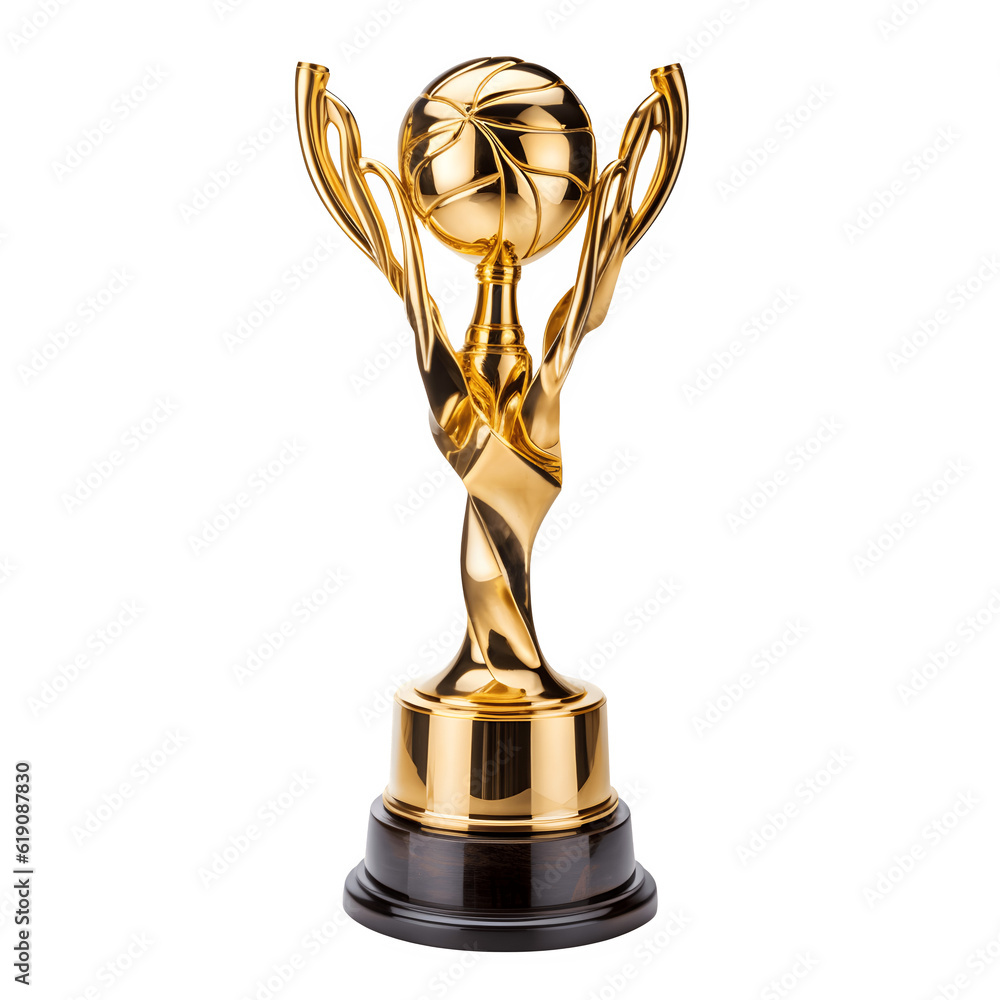Gold trophy with hands, award, winners cup, medal on transparent ...
