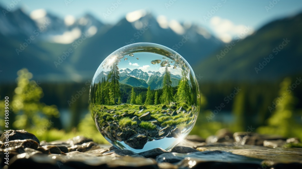 Globe planet glass In a green forest with bokeh nature lights. world ...