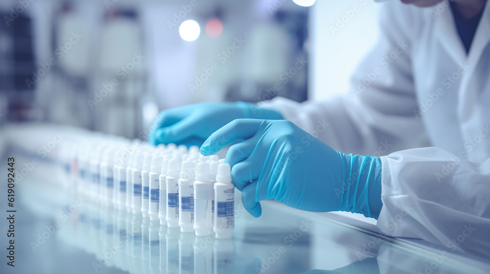 hand with sanitary gloves check Medical vials on production line at ...