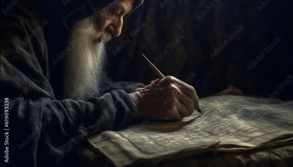 Tenebrist recreation of a sephardic jew writing in a scroll ...