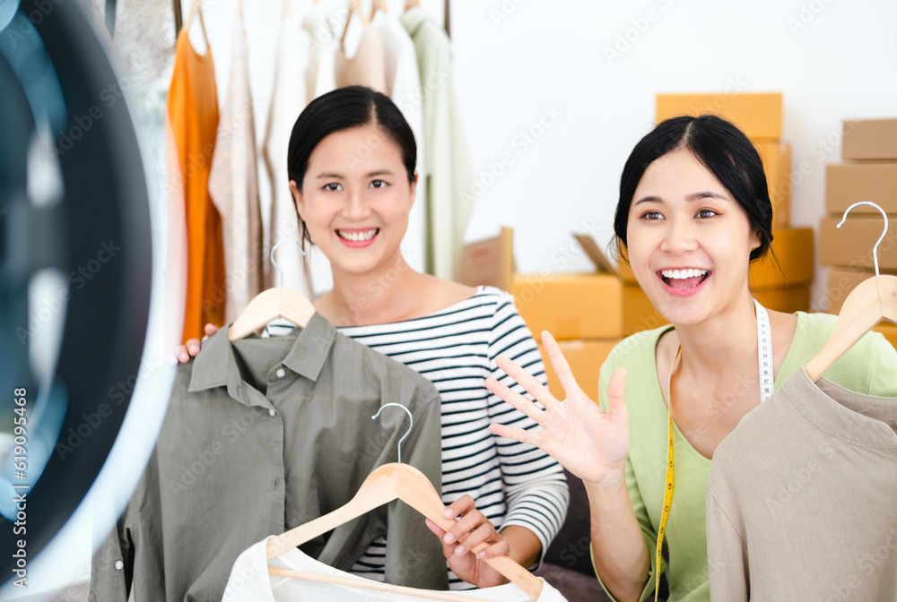 Asia vlogger woman influencer, SME retail store owner smile enjoy ...