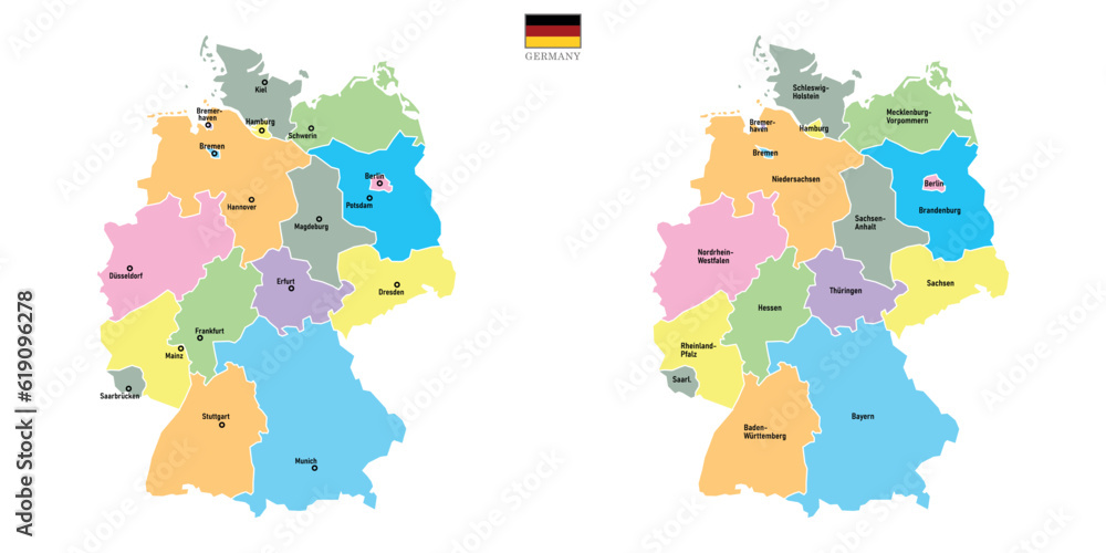 Poster Two Germany maps background with regions, region names and ...
