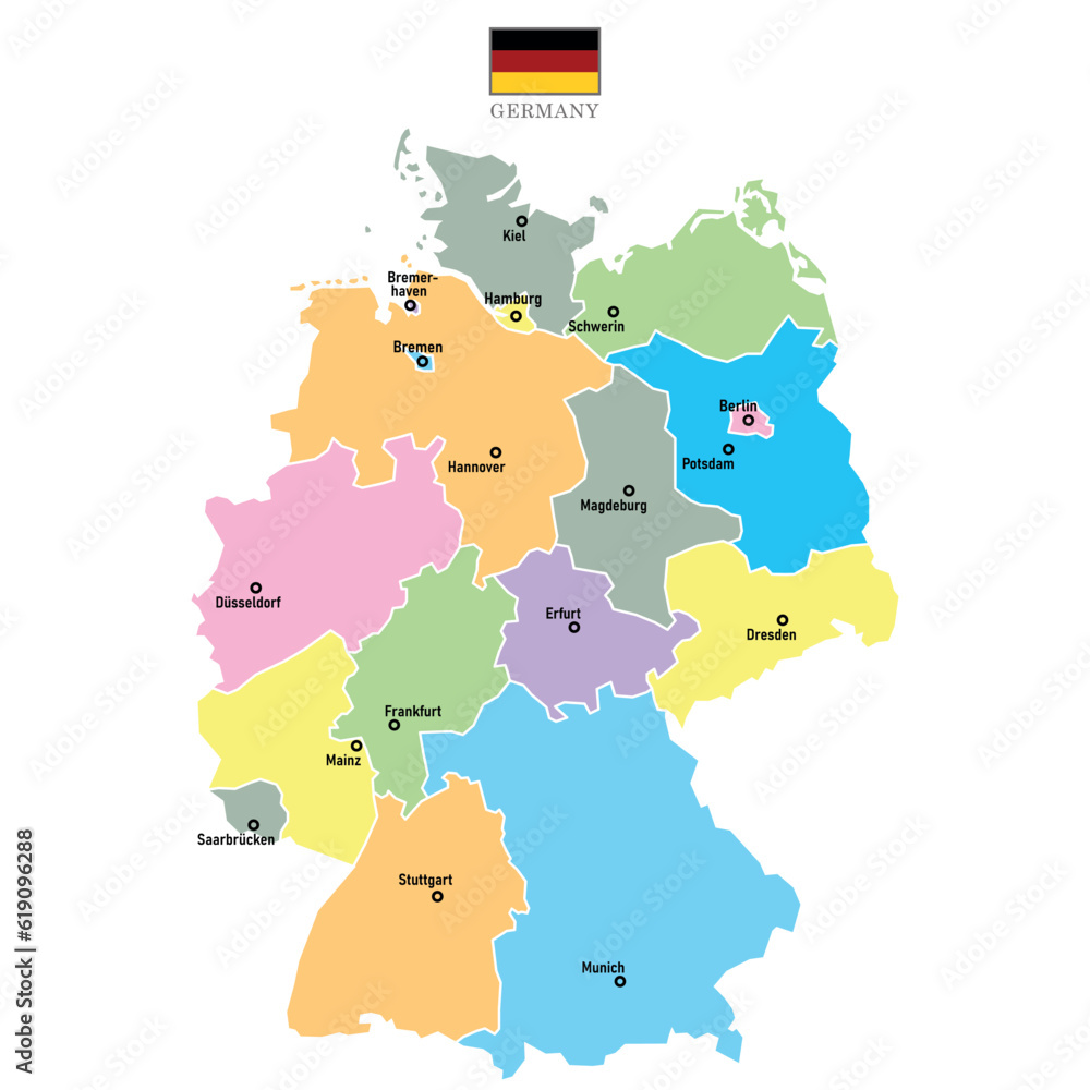 Germany maps background with regions, region names and cities in color ...