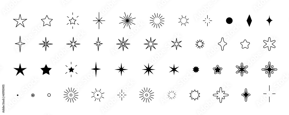 Set of different black sparkles. Collection of star symbol. For cards ...