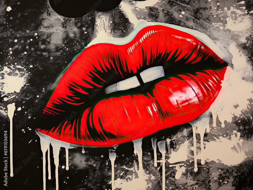 Close-up image of beautiful woman viscous, dripping lipstick lips in ...