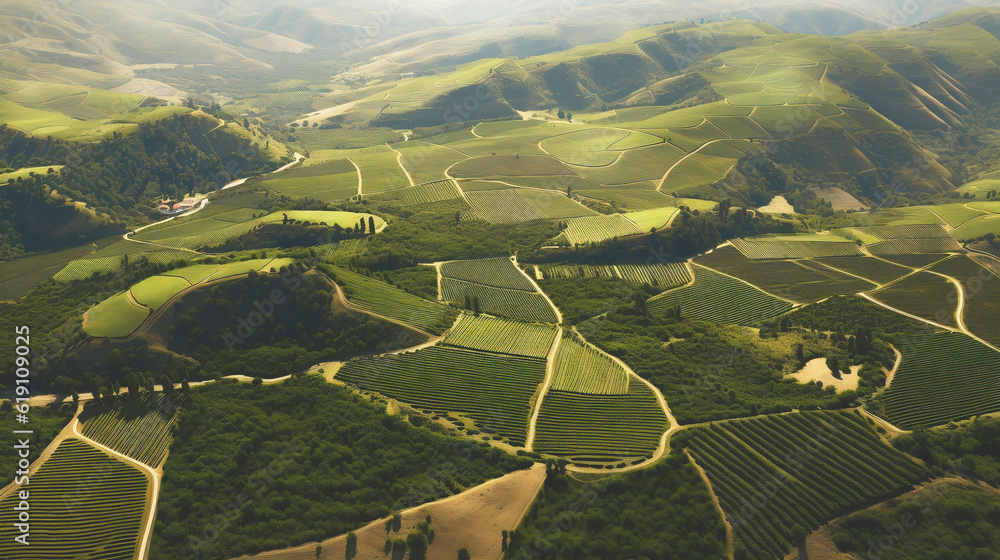 Aerial drone acres of green fields stretching for. Sunny landscape ...