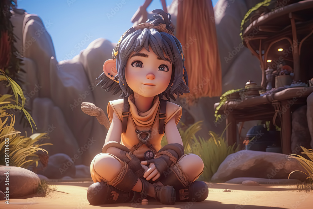 Female online Fantasy game character in an open world background ...