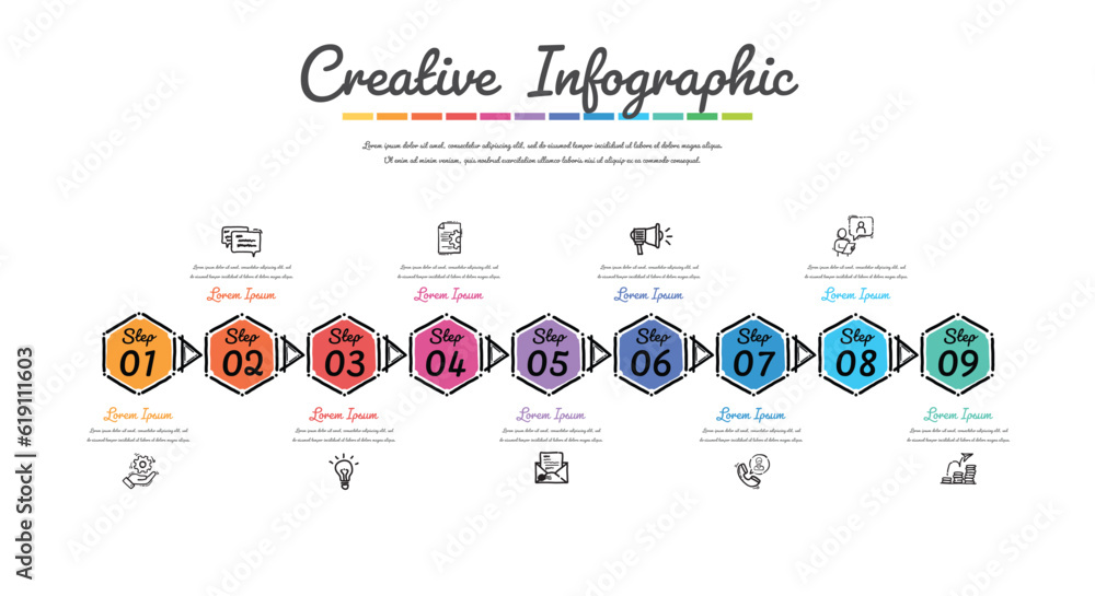 Infographic hand drawn design template with 9 options, Can be used for process diagram ...