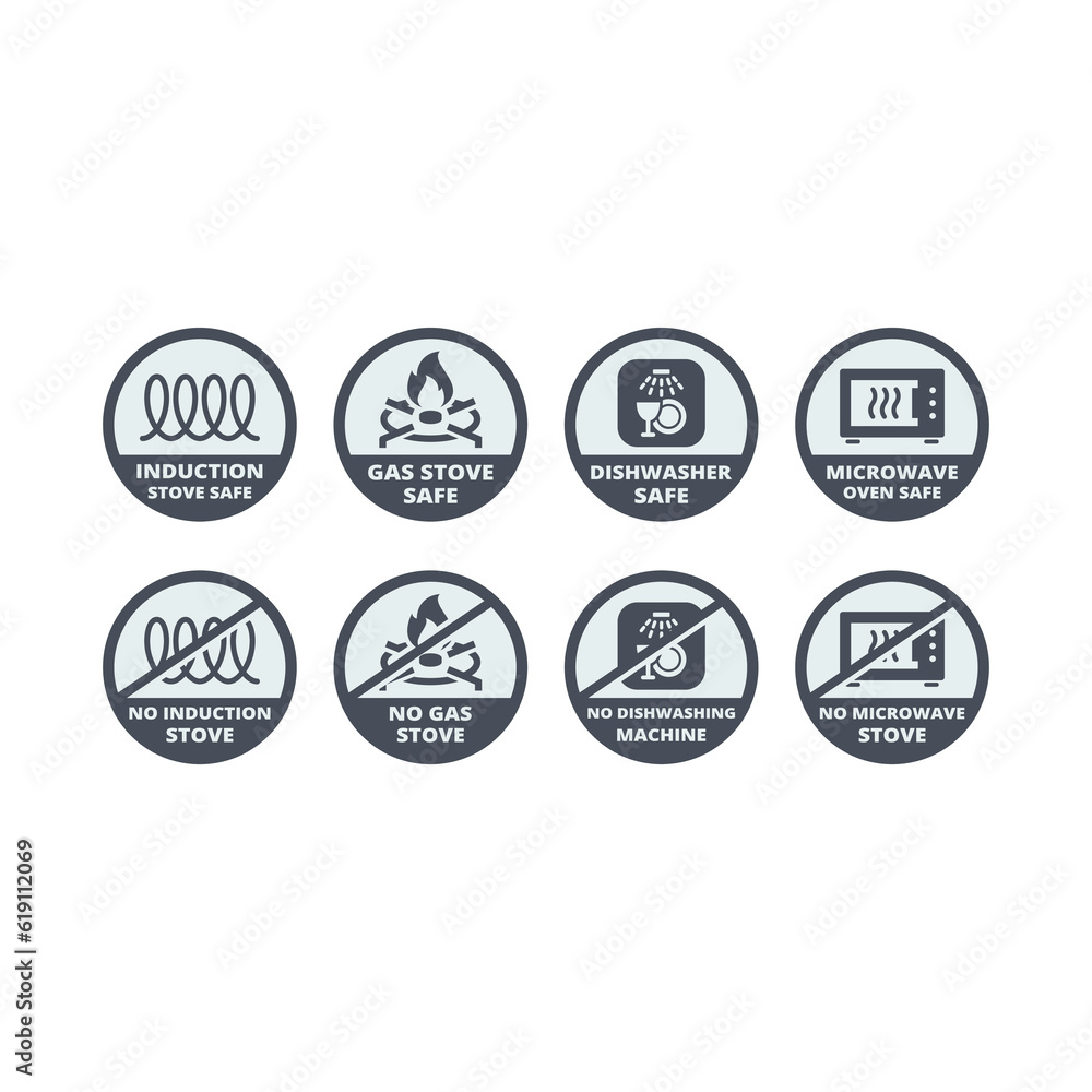 Induction and gas stove safe vector label set. Dishwasher and microwave ...
