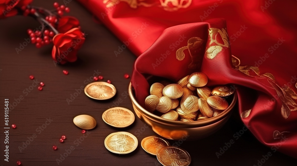 Chinese new year decorations made from red packet and gold ingots or ...