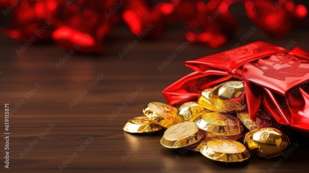 Chinese new year decorations made from red packet and gold ingots or ...