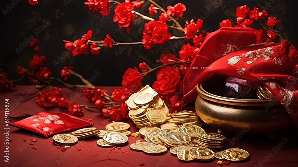 Chinese new year decorations made from red packet and gold ingots or ...