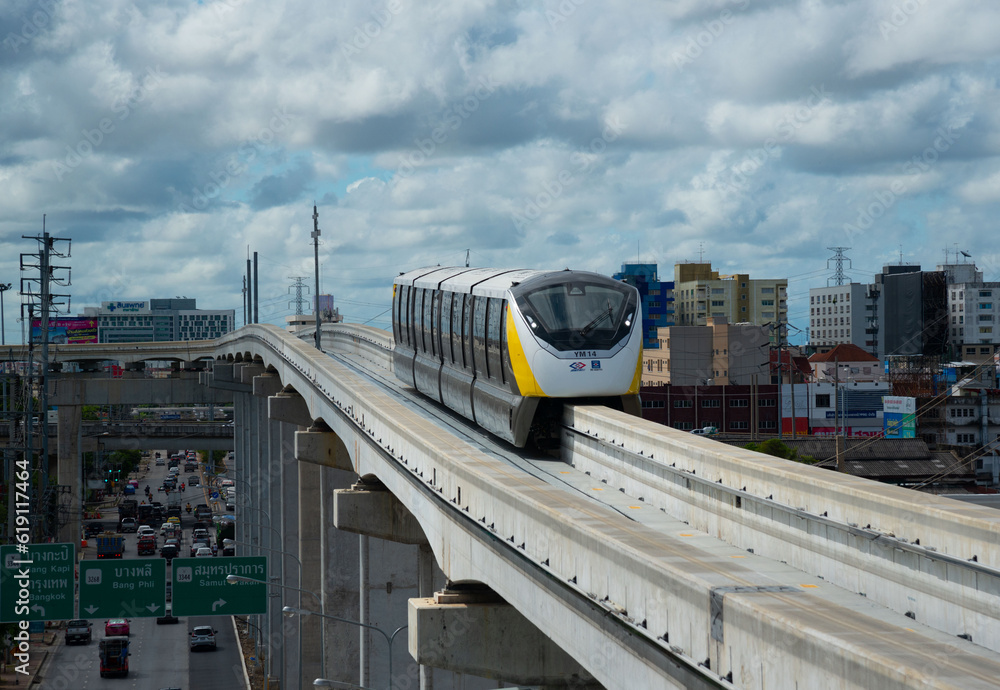 Bangkok, Thailand- July2, 2023: Mass rapid transit or MRT yellow line ...