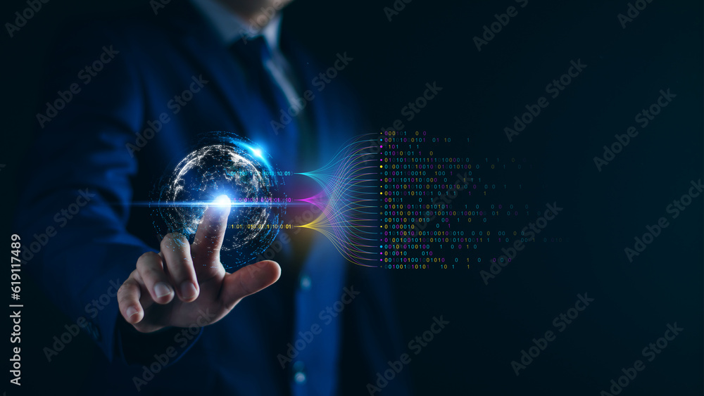 Data analytics and insights powered by big data and AI technologies. Data businessman analysing ...