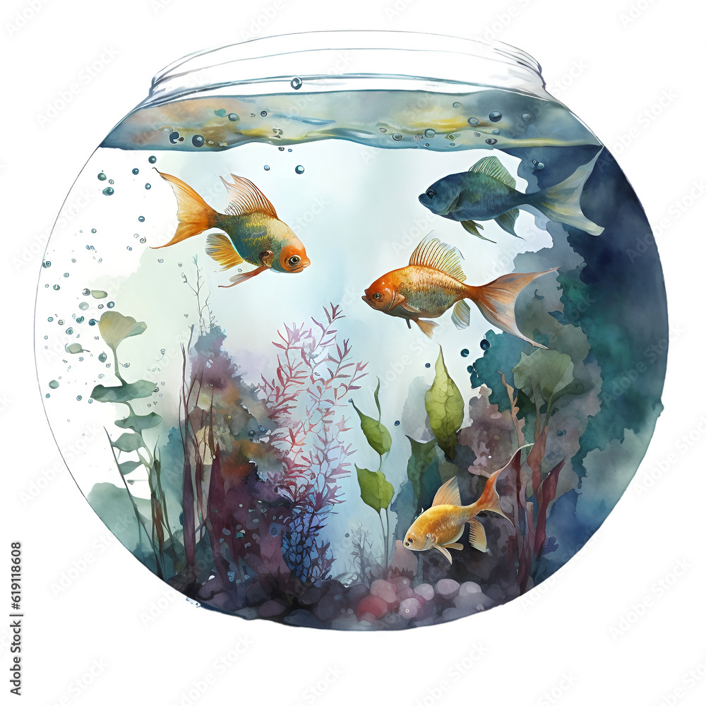 Watercolor aquarium with cute fish illustration Generative AI, png ...
