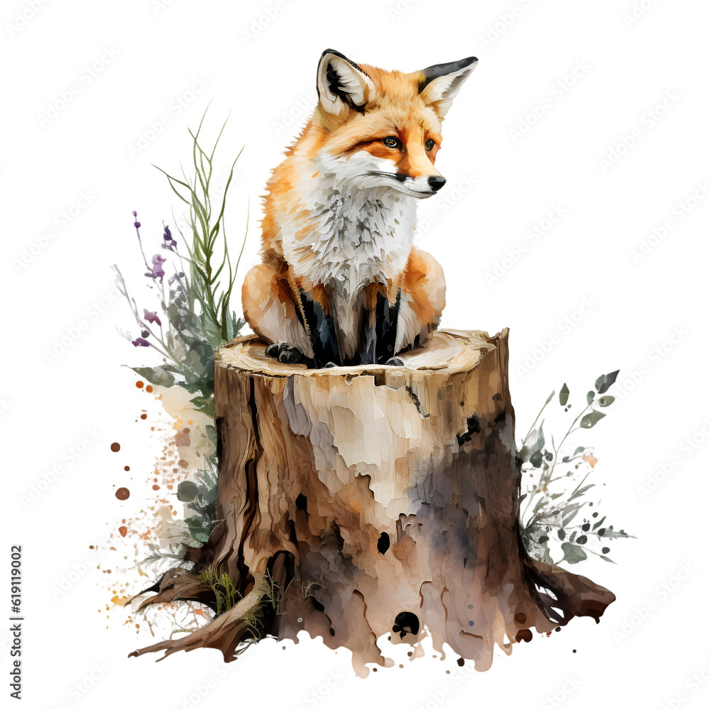 Watercolor fox on tree stump illustration Generative AI, png image ...