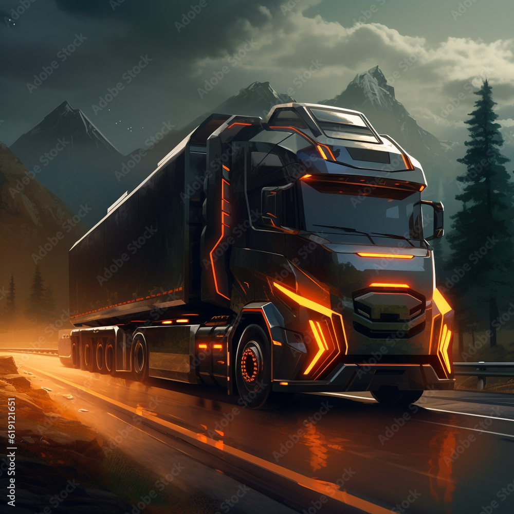 Design image of a lorry in the future moving towards its destination ...