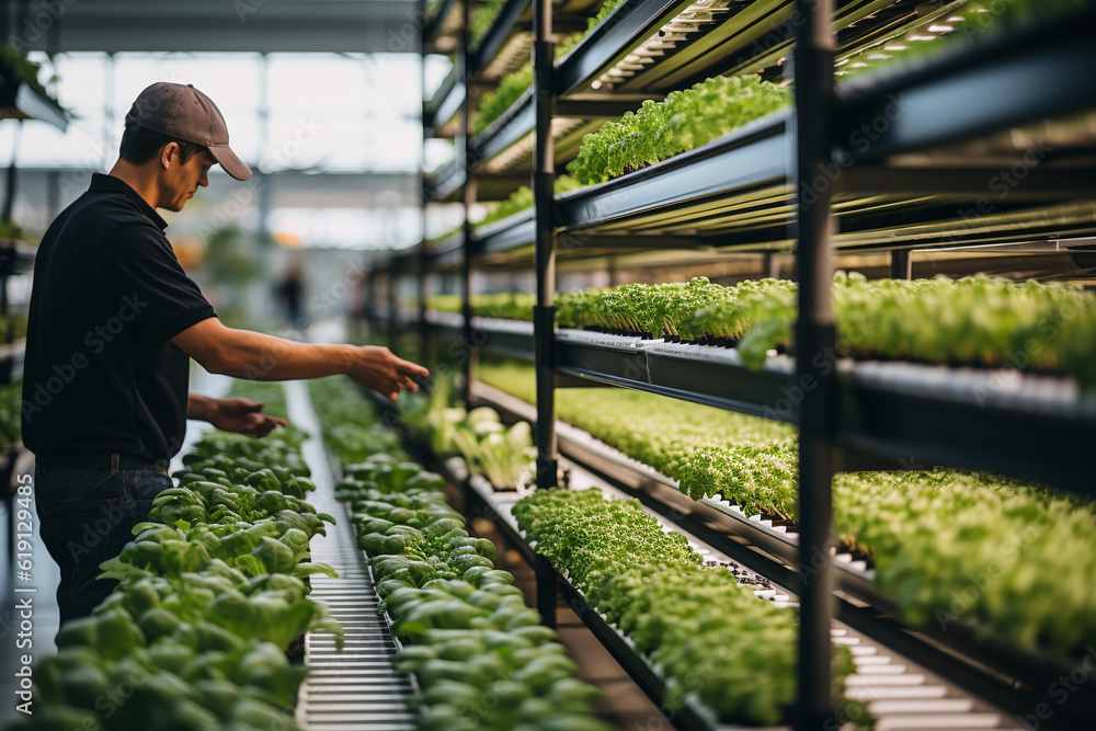A man works in an organic food plantation with a large-scale hydroponic ...