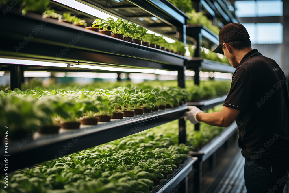 A man works in an organic food plantation with a large-scale hydroponic ...