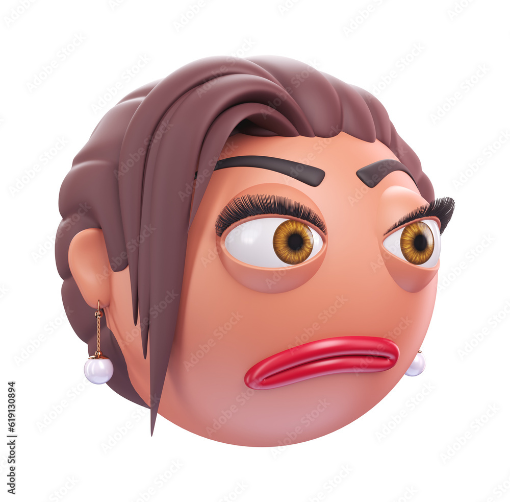 Emoji confused face of glamour woman. Cartoon smiley on transparent ...