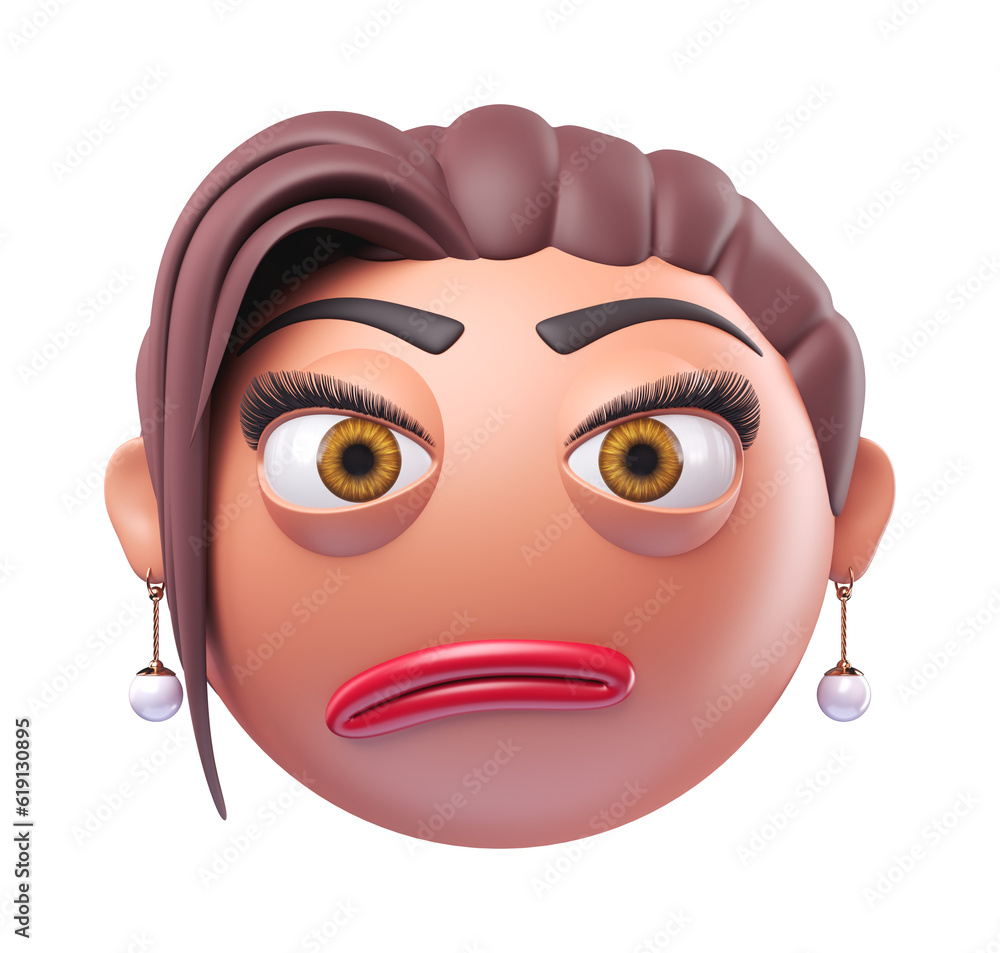 Emoji confused face of glamour woman. Cartoon smiley on transparent ...