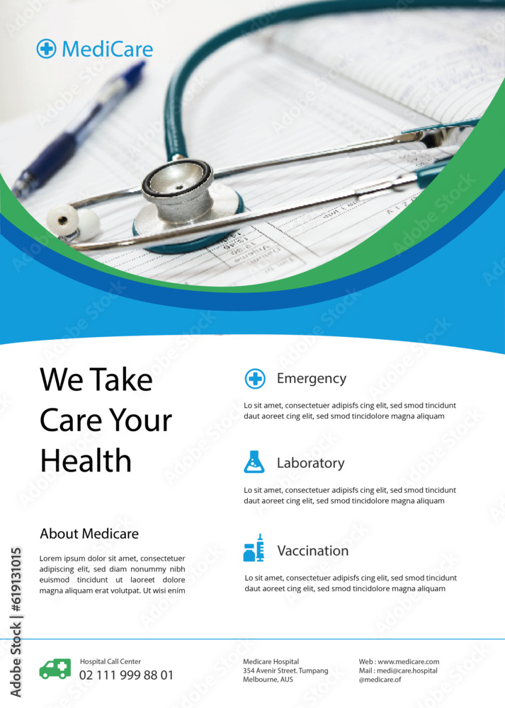 Corporate healthcare cover, back page a4 template design and flat icons ...