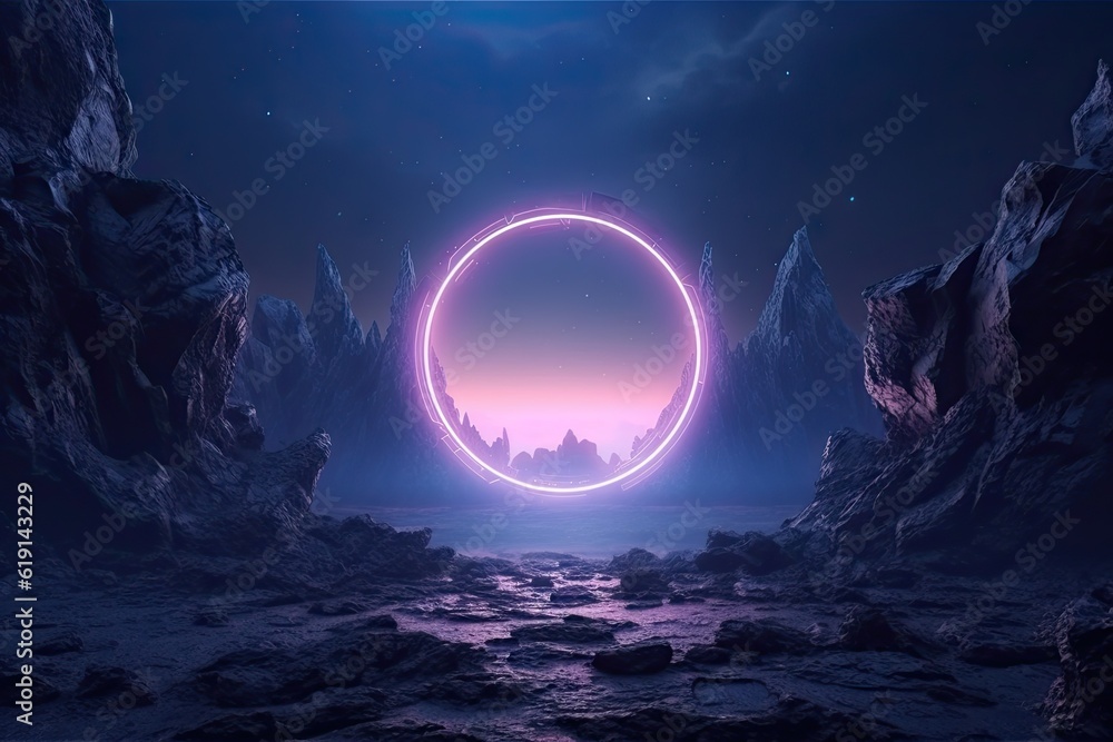 Abstract portal stone gate with neon glowing light in the dark space ... Abstract portal stone gate with neon glowing light in the dark space ...