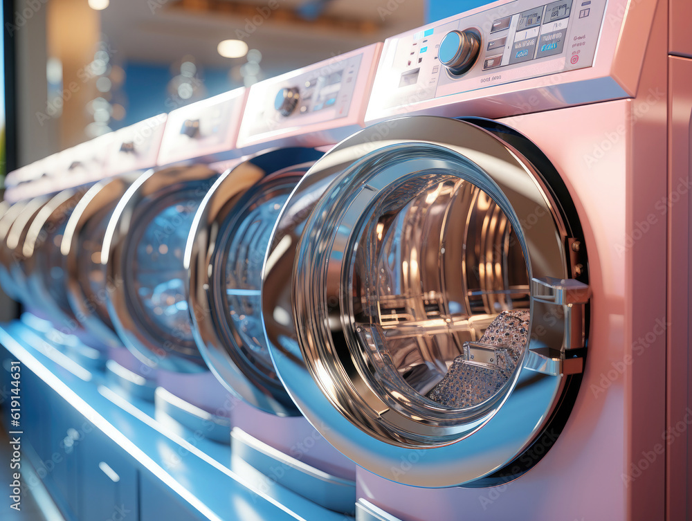 Mock-up in a laundry with rows of washing machines 3d , Mockups Design ...