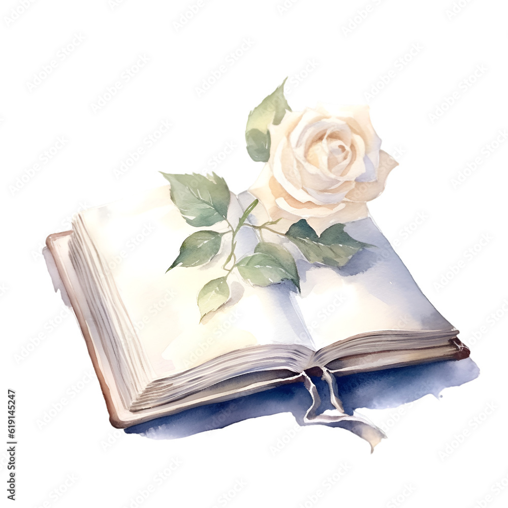 Watercolor white rose with a book illustration of white peonies ...